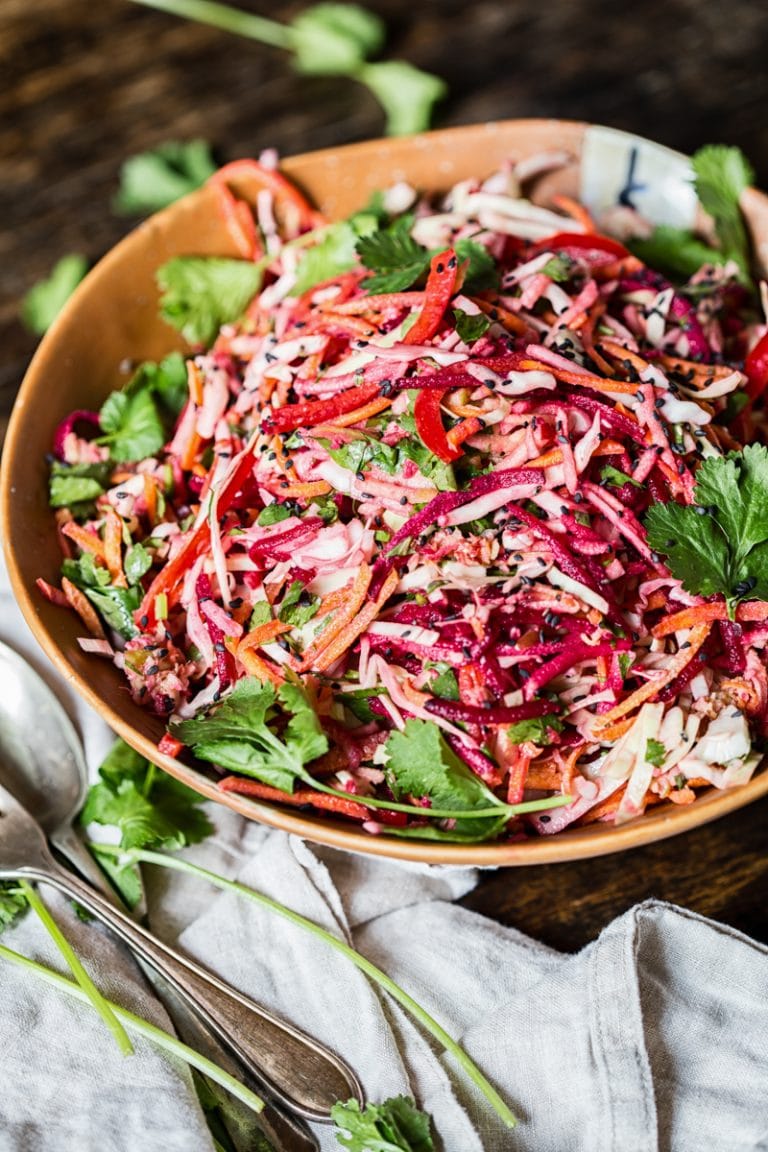 Rainbow Slaw with Lemon Garlic Tahini Dressing - Vikalinka