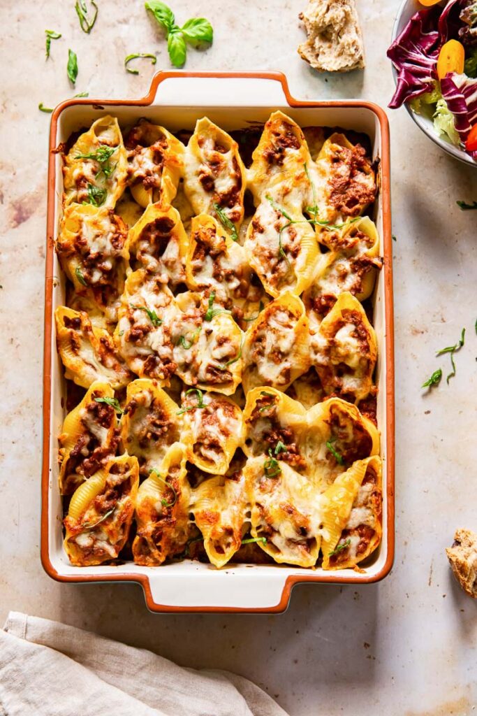 Easy Stuffed Shells with Pesto and Tomato Beef Sauce - Vikalinka