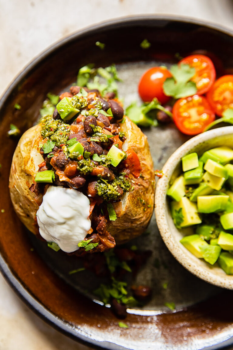 Jacket Potatoes with Spicy Baked Beans and Chimichurri Sauce - Vikalinka