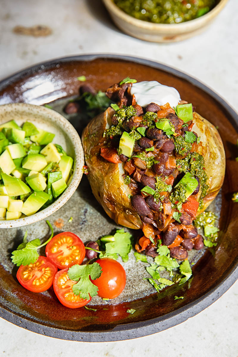 Jacket Potatoes with Spicy Baked Beans and Chimichurri Sauce - Vikalinka