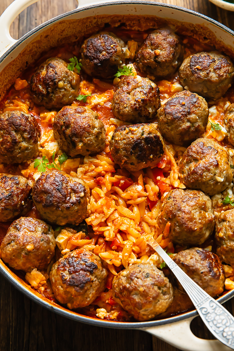 One Pan Greek Baked Orzo with Meatballs - Vikalinka