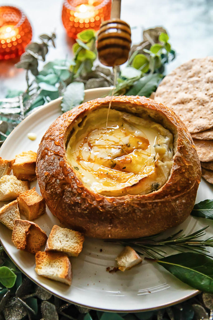 Hot Honey Baked Camembert in Bread Bowl - Vikalinka